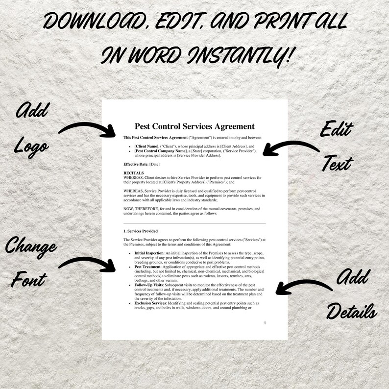 Pest Control Service Agreement Template (editable, Printable) - Etsy