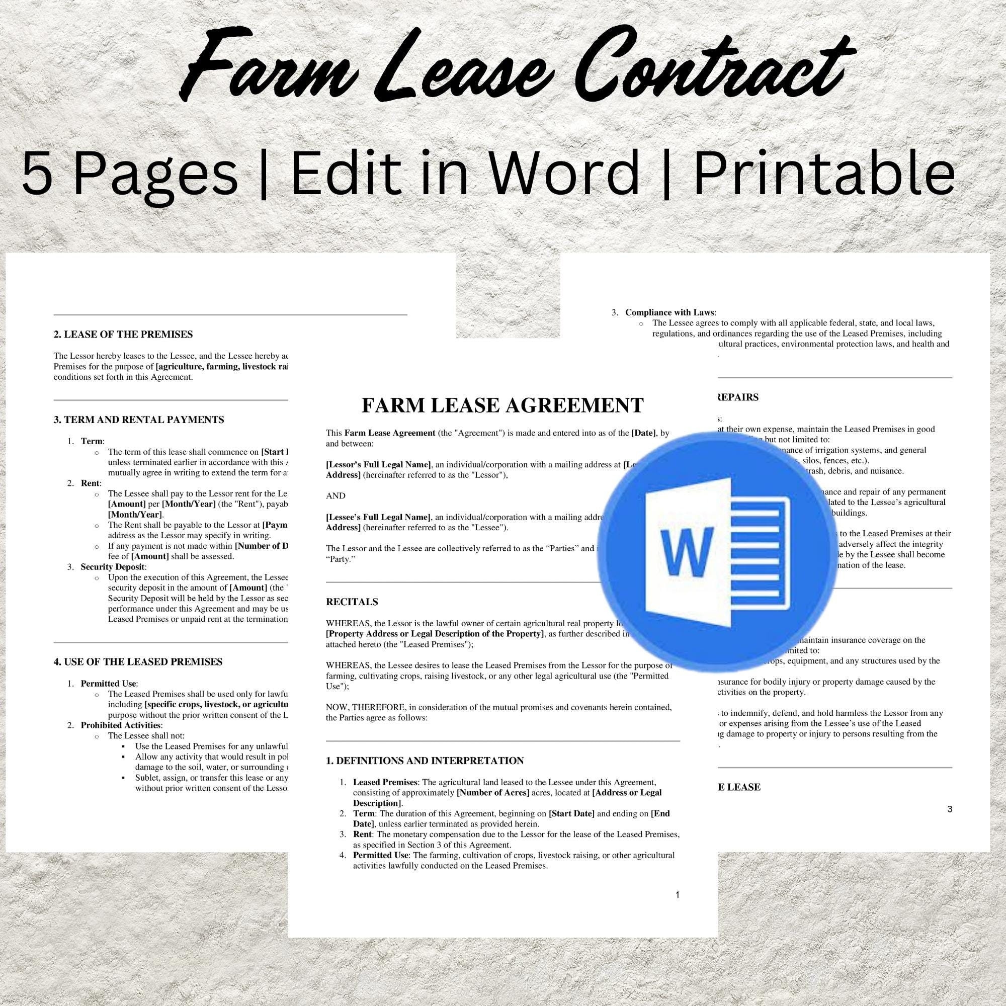 Farm Lease Contract Template Editable Farm Land Rent Agreement ...