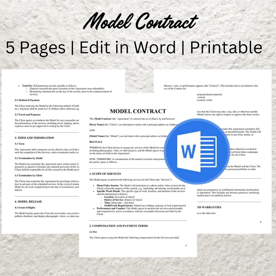 Model Contract Template Editable Model Service Agreement Form Printable ...