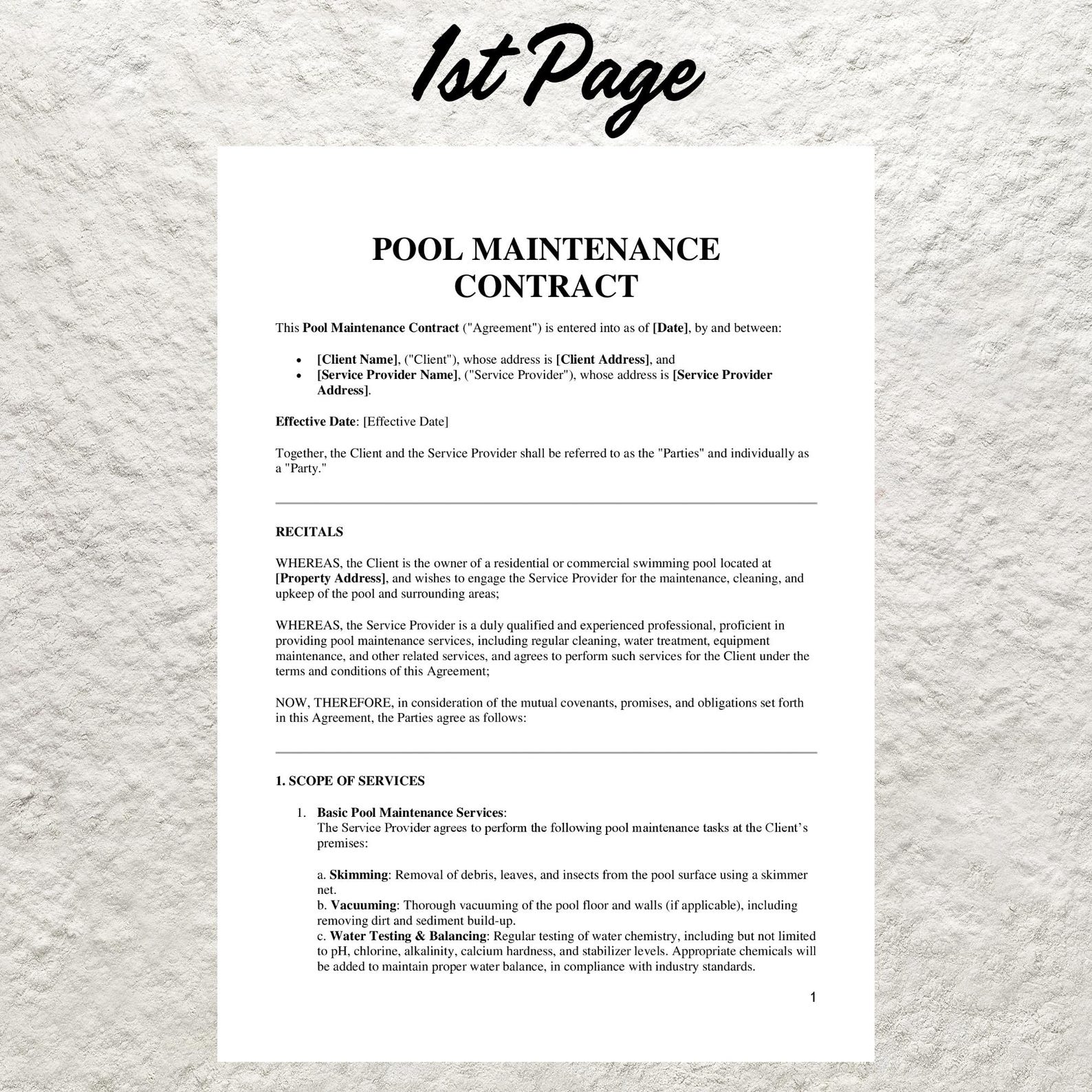 Residential Pool Maintenance Contract Template Editable Swimming Pool ...