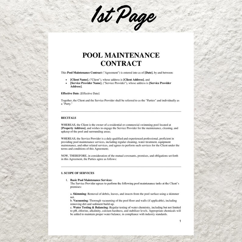 Residential Pool Maintenance Contract Template Editable Swimming Pool ...