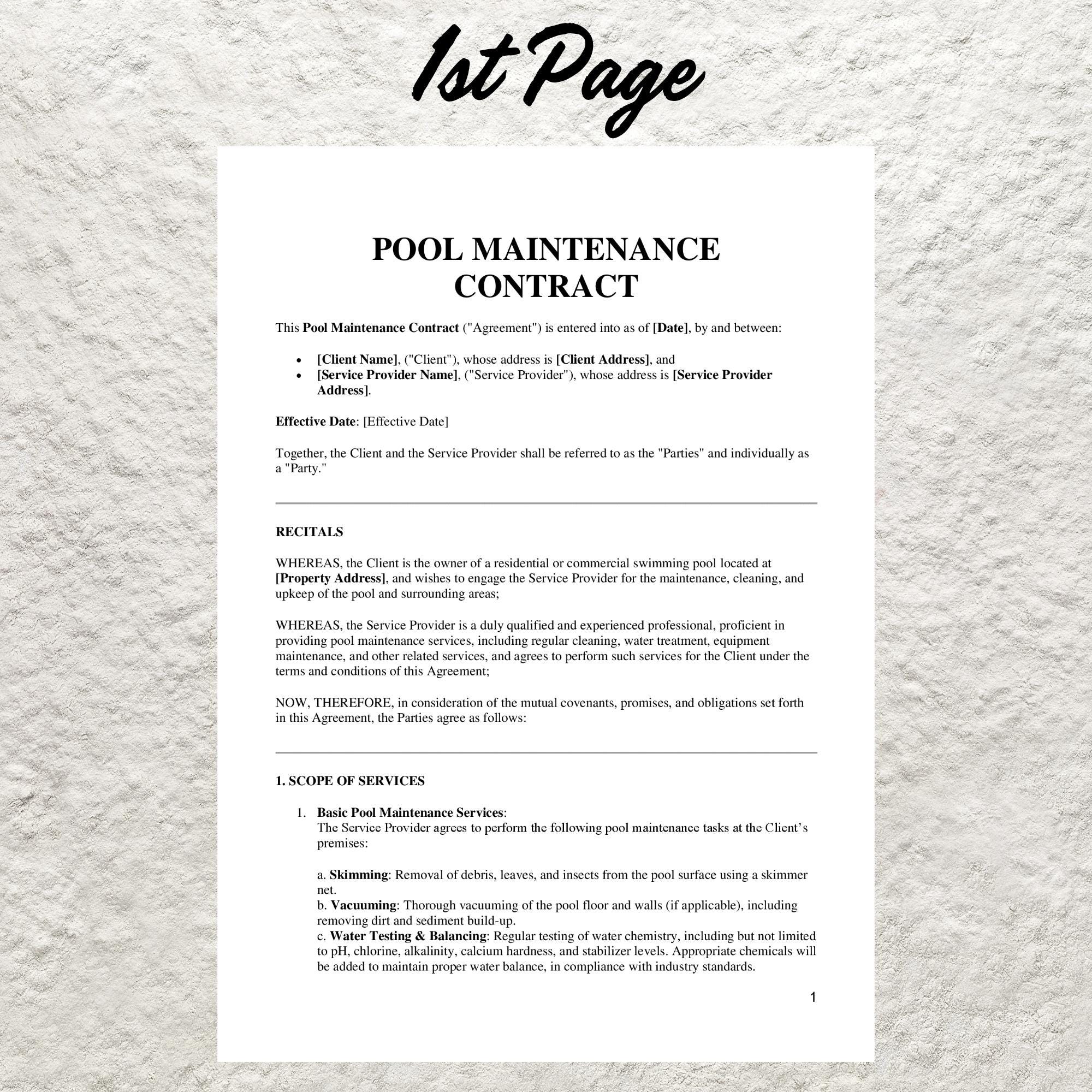 Residential Pool Maintenance Contract Template Editable Swimming Pool ...