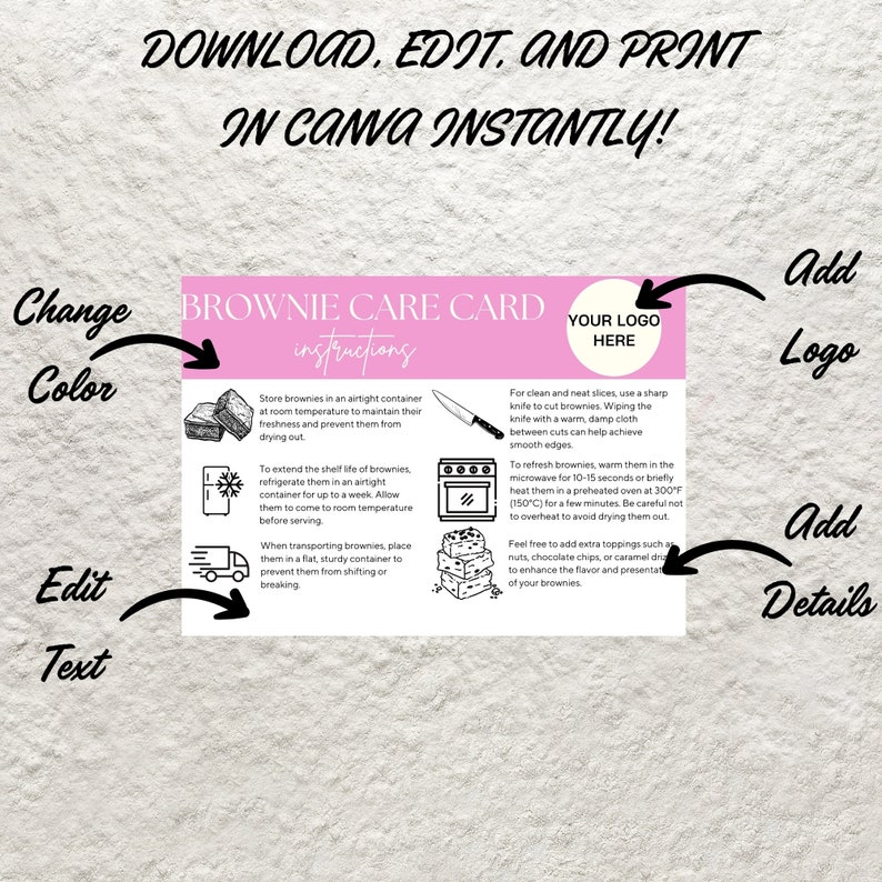 Brownie Care Card Canva Template Editable Brownie Care Storage Instructions Guide Printable ...