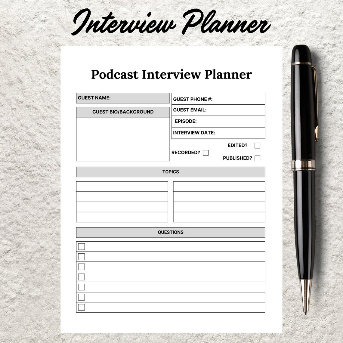 Printable Podcast Episode Planner Worksheet Template Podcast Content ...
