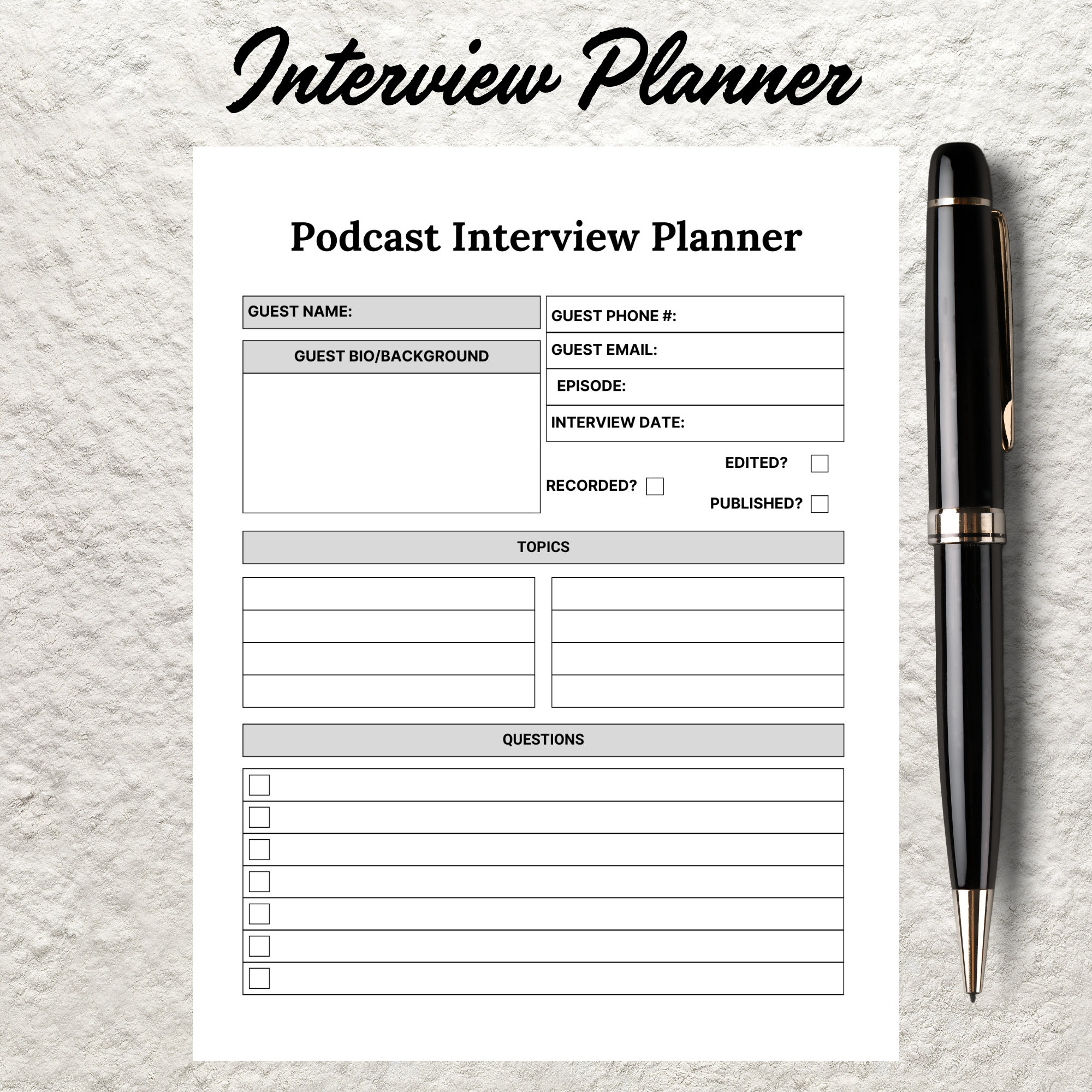 Printable Podcast Episode Planner Worksheet Template Podcast Content ...