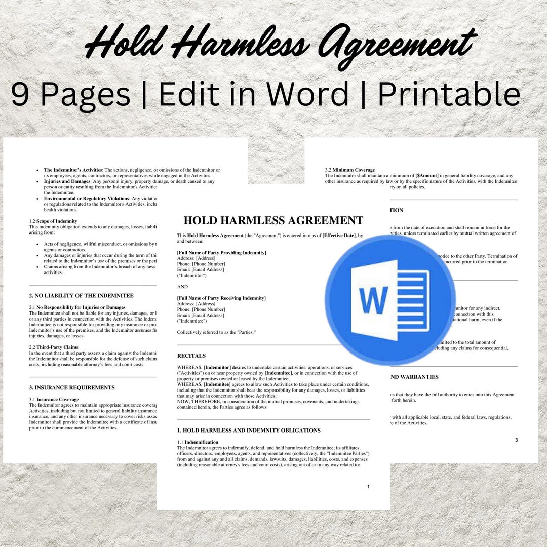 Hold Harmless Agreement Template Editable Hold Harmless Indemnity ...