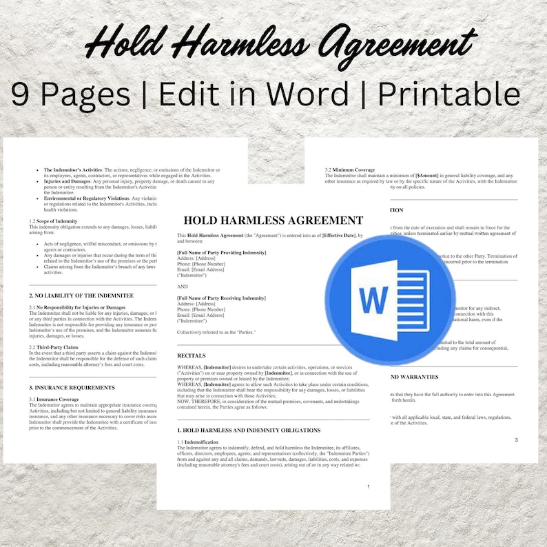 Hold Harmless Agreement Template Editable Hold Harmless Indemnity ...