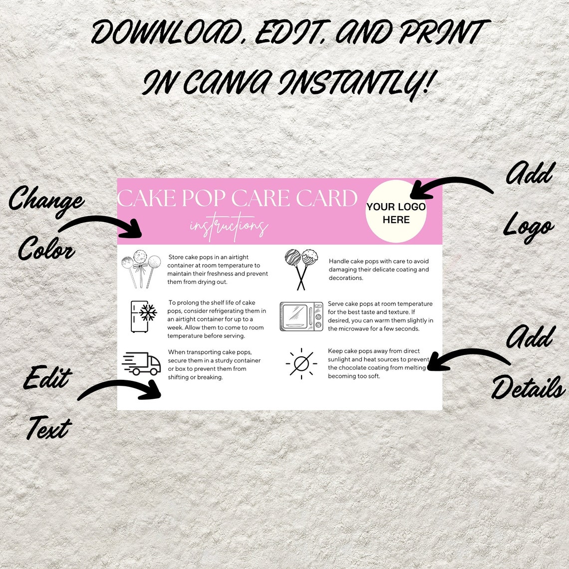 Cake Pop Care Card Canva Template Editable Cake Pops Care Instructions Cake Lolly Care Guide ...