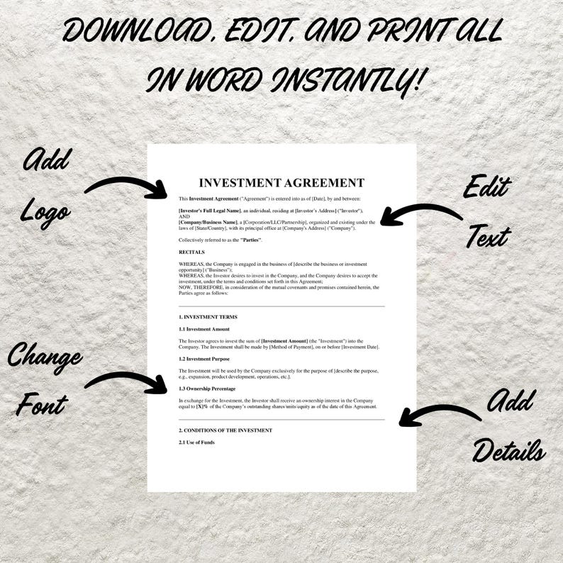 Investment Contract Template Editable Investor Agreement Form Printable ...