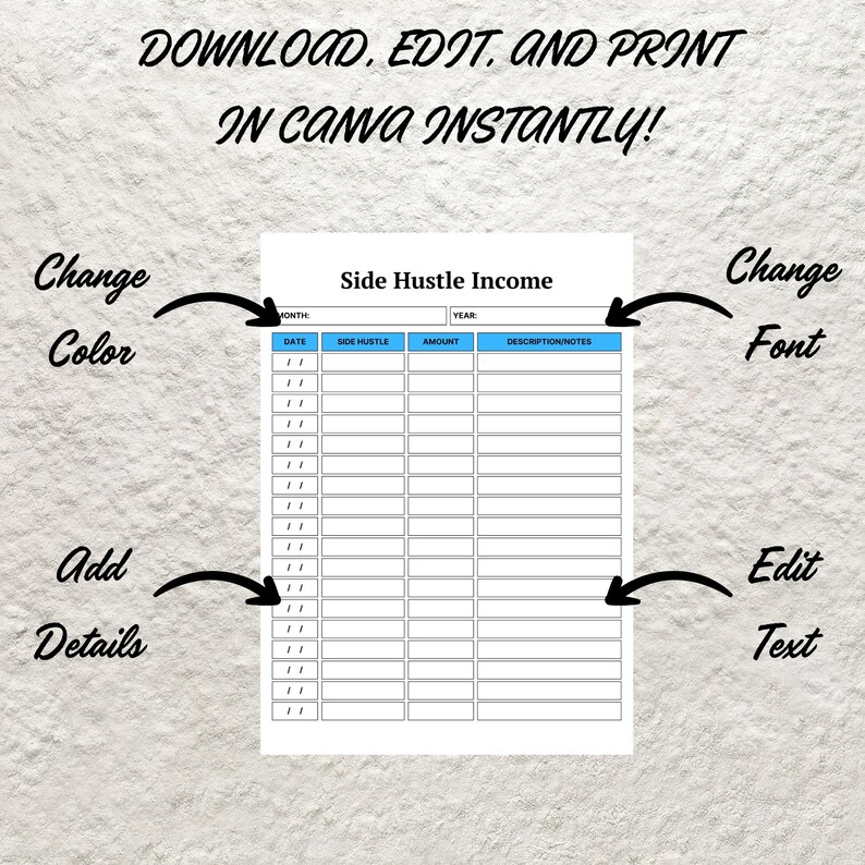 Side Hustle Income Tracker Template Printable Passive Income Stream ...