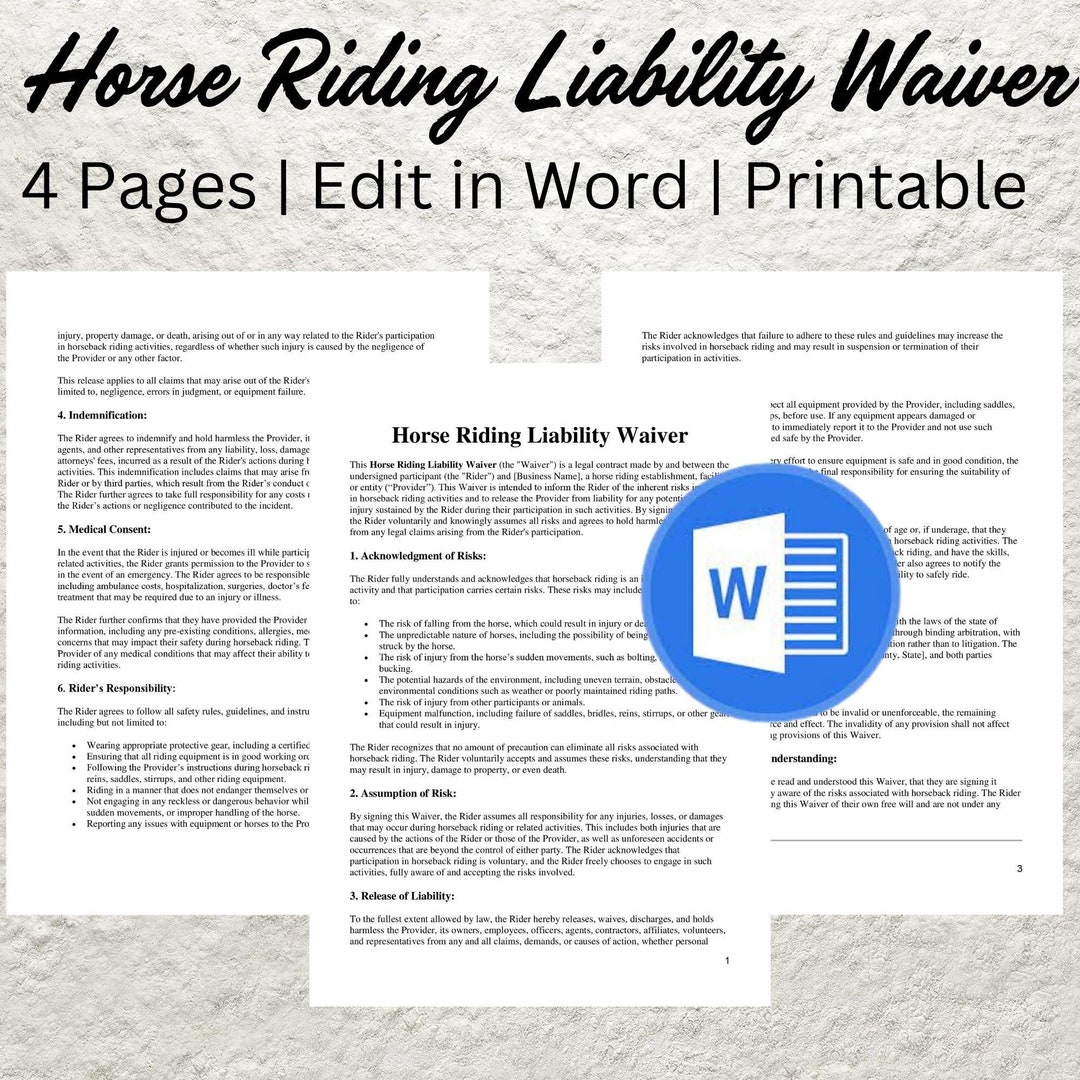 Horse Riding Liability Waiver Template Editable Equine Liability Waiver ...