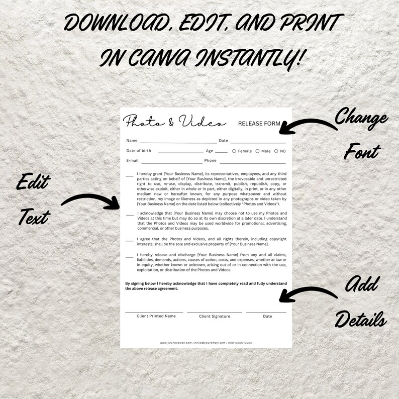 Editable Photo and Video Release Content Form Template Printable Salon ...