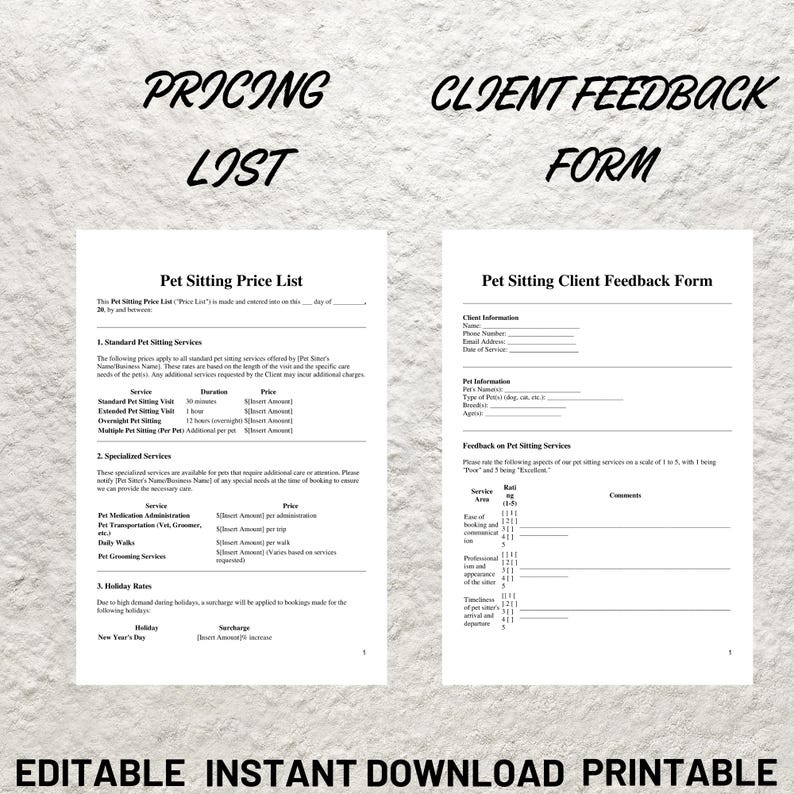 Pet Sitting Service Agreement/contract, Editable & Printable Pet ...