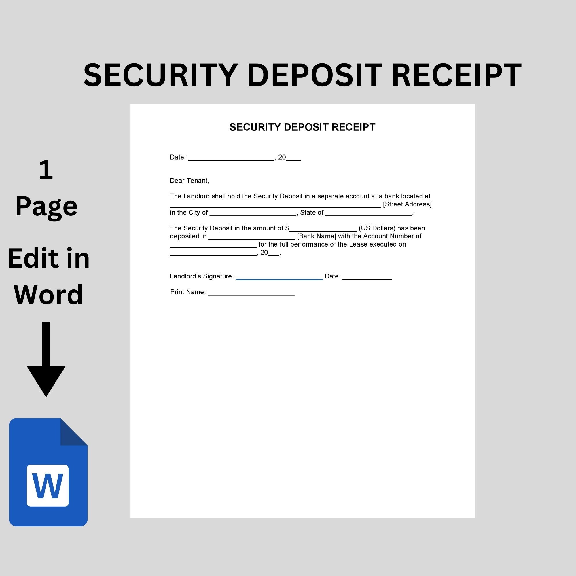 Landlord Rental Lease Security Deposit Receipt Form Template Editable ...