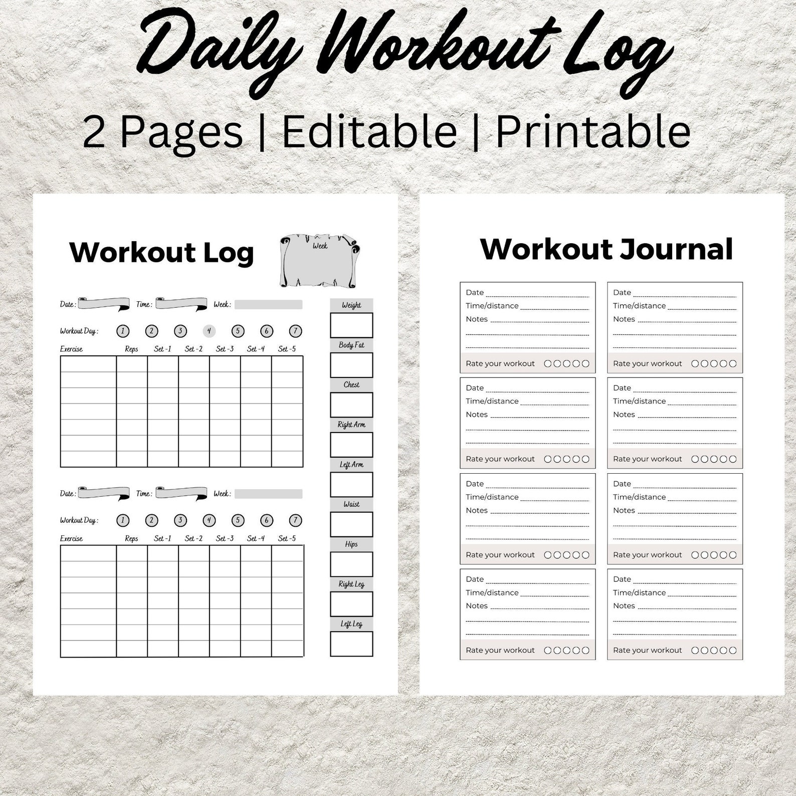 Daily Workout Log Book Printable Workout Tracker Weightlifting Log ...