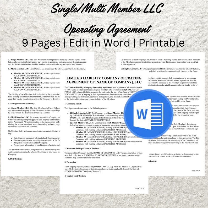 LLC Operating Agreement Template: Single/multi Member (word & Printable ...