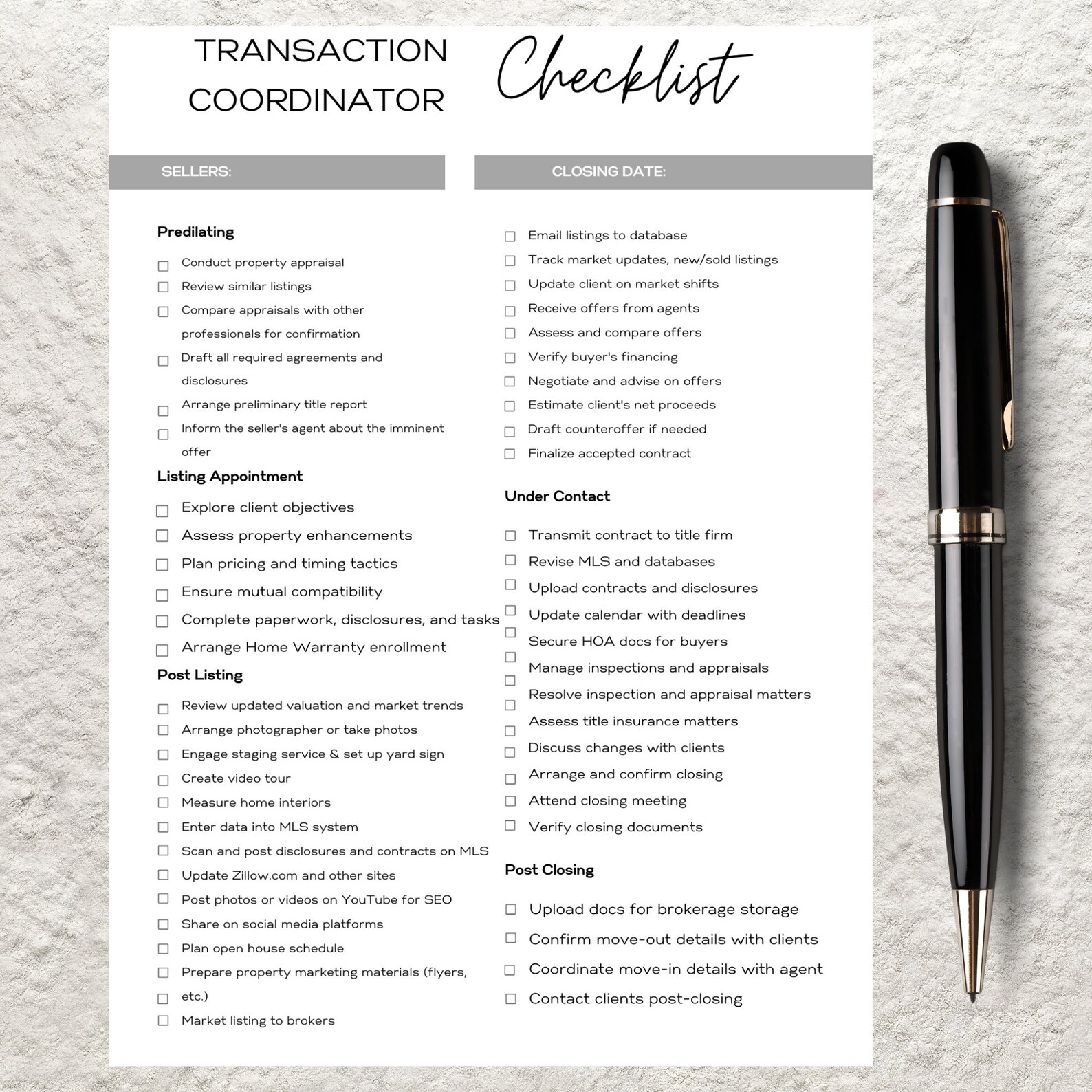 Real Estate Transaction Coordinator Checklist Template Editable ...