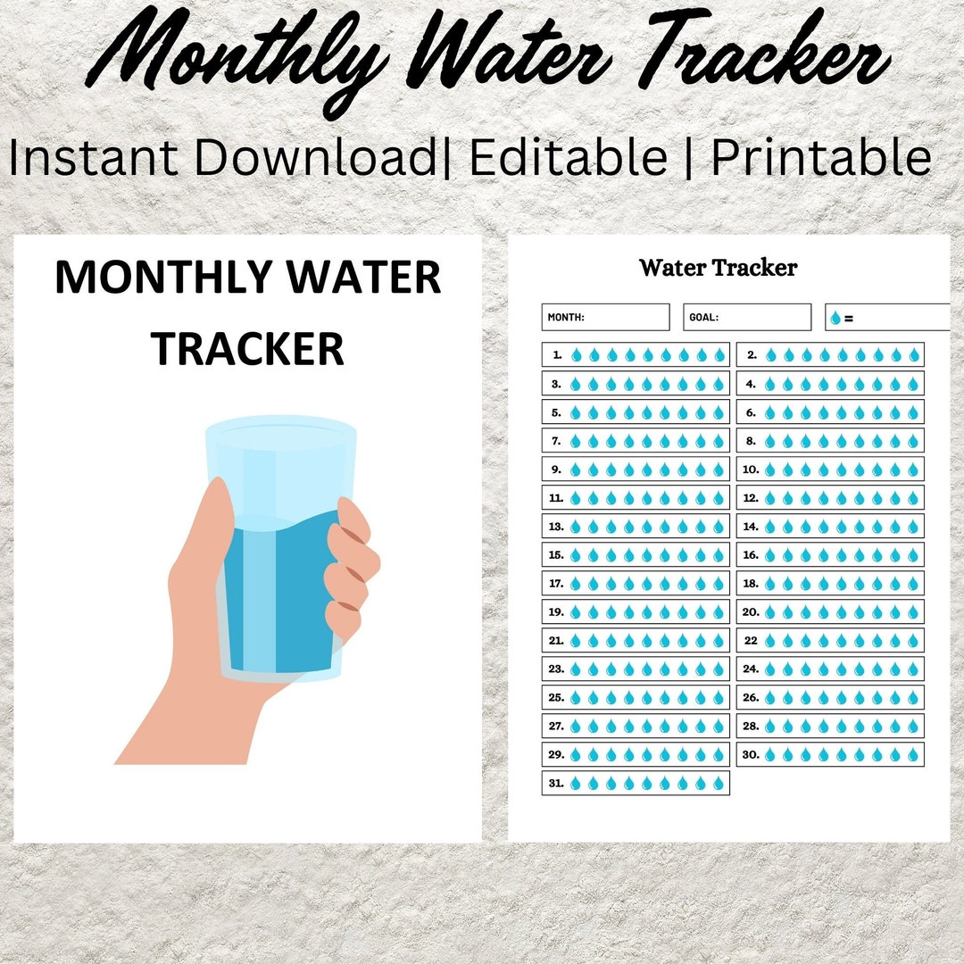 Printable Monthly Water Tracker Template Editable Hydration Water ...
