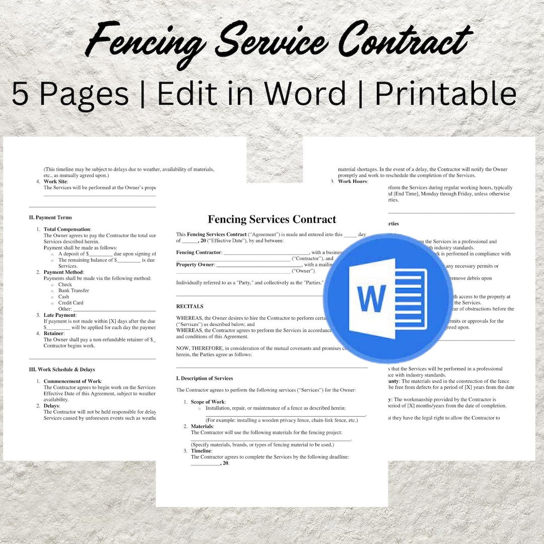 Fence Installation Contract Template Editable Fencing Service Agreement ...