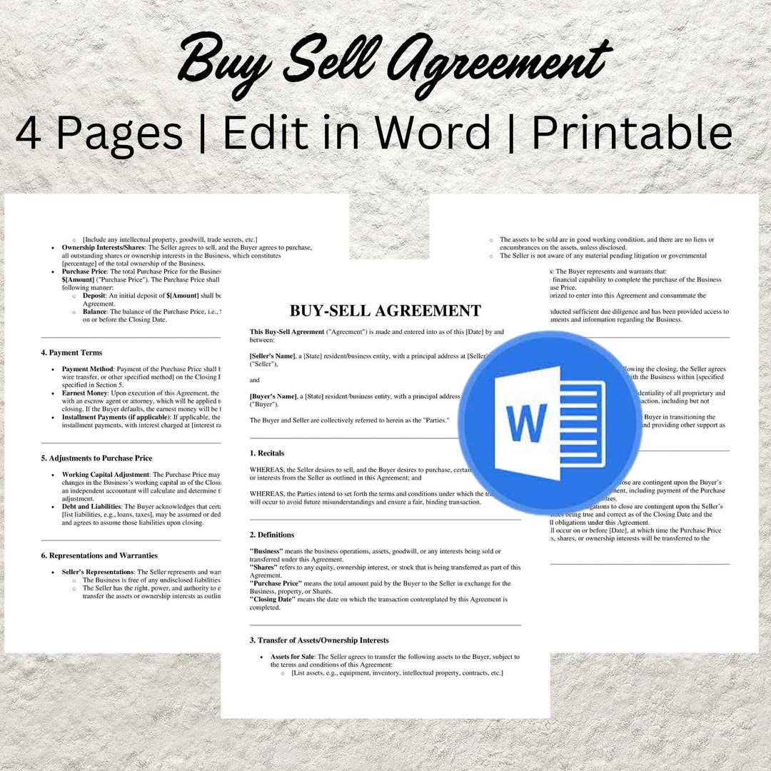 Buy-sell Agreement Template Editable Business Sale Contract Printable ...