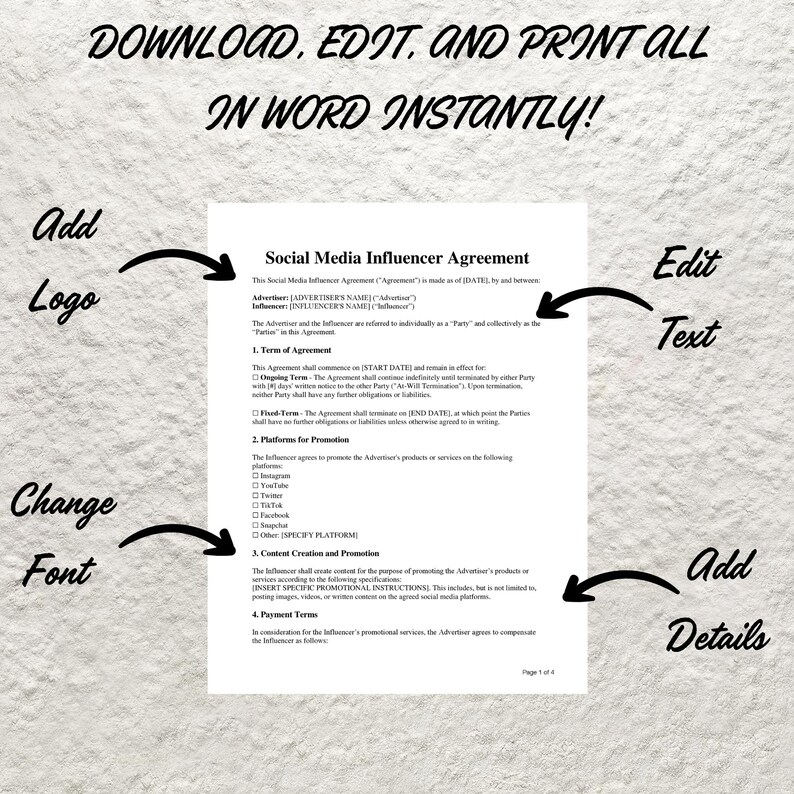 Editable Influencer Agreement Template: Social Media Contract ...