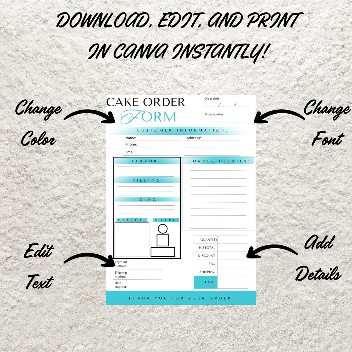 Editable Cake Order Form Canva Template Custom Bakery Cake Order Form ...