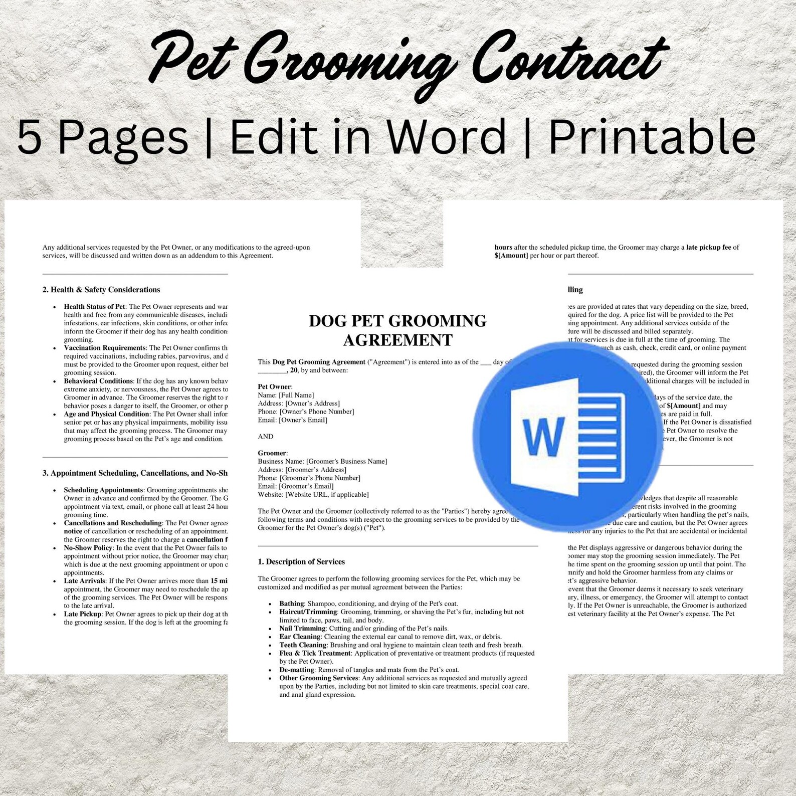 Dog Grooming Contract Template: Editable Pet Service Agreement (word ...