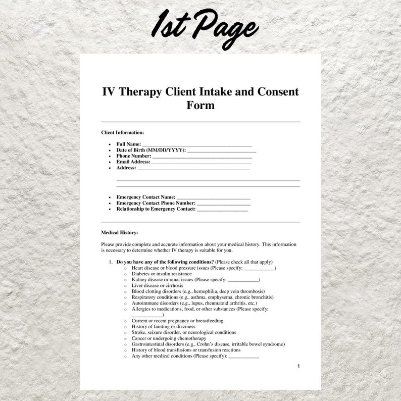 IV Therapy Consent Form Template Editable Intravenous Therapy Client ...