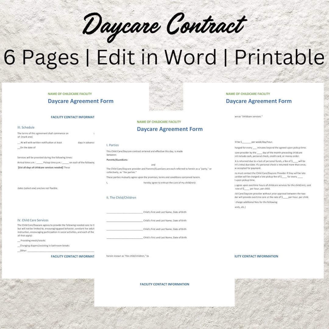 Editable Daycare Contract Template – Printable Childcare Agreement - Etsy