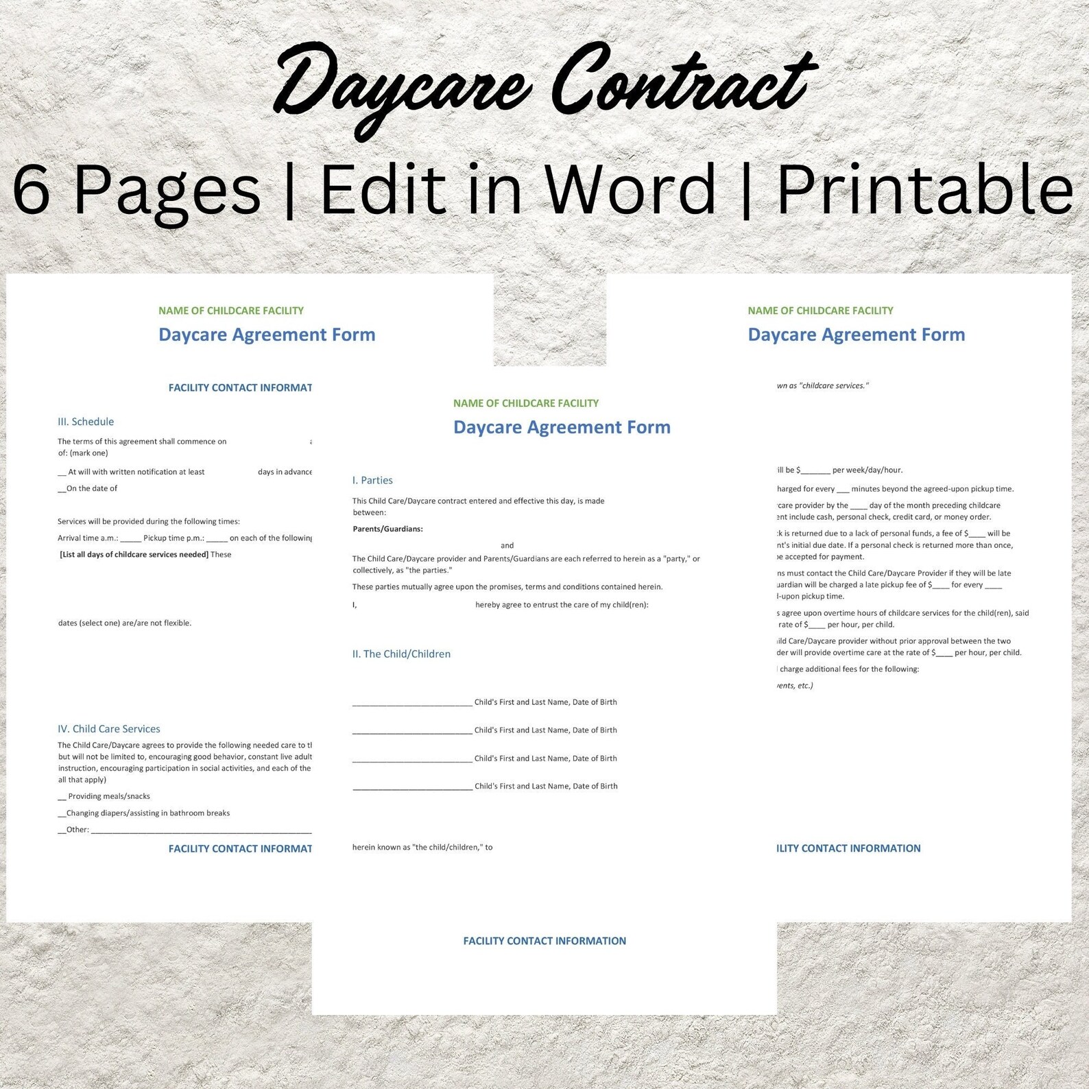 Editable Daycare Contract Template - Printable Childcare Contract ...