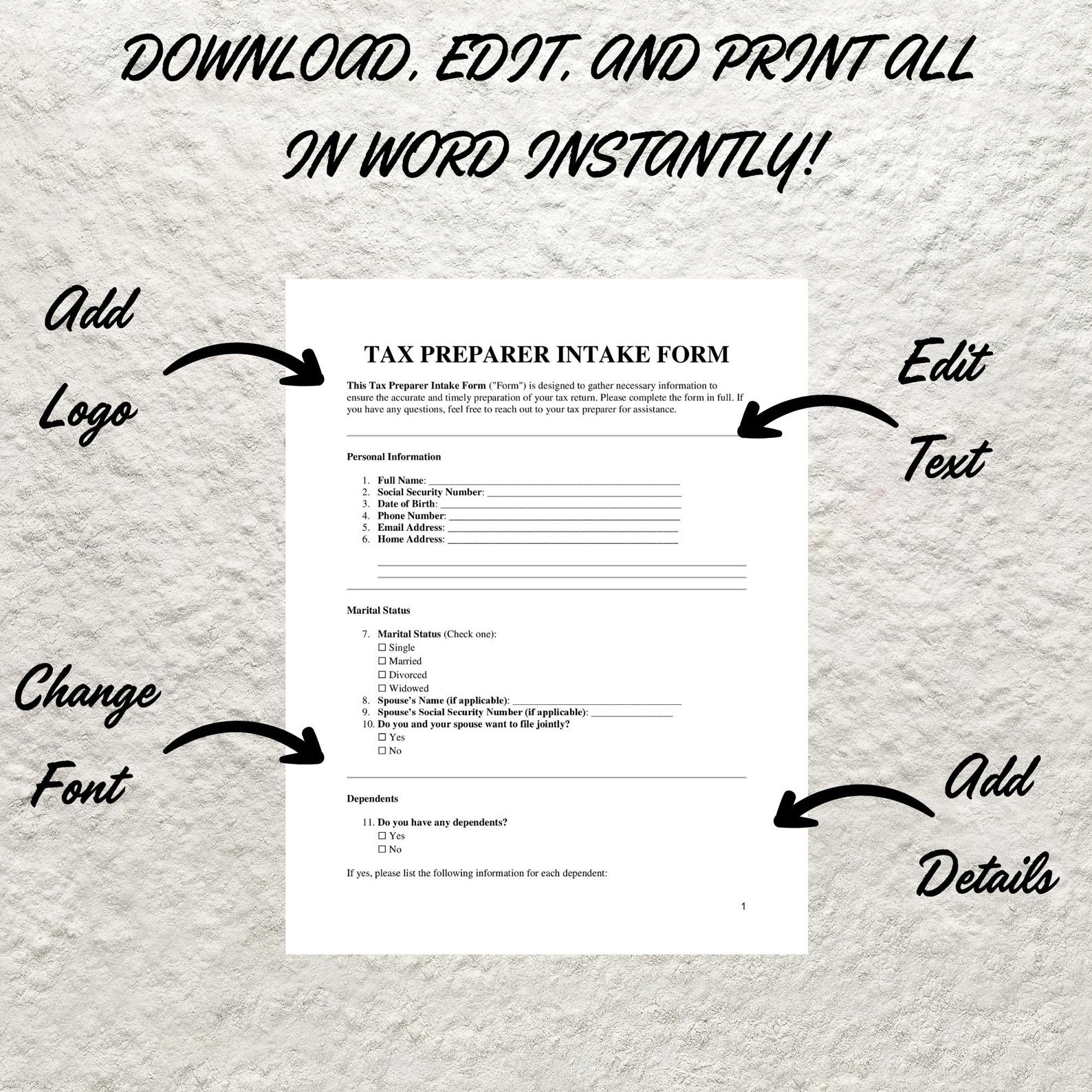 Tax Preparer Forms Bundle: Editable Client Intake Templates (PDF Kit ...