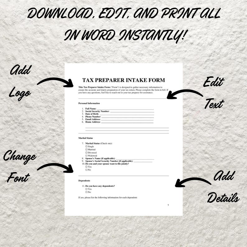 Tax Preparer Forms Bundle: Editable Client Intake Templates (PDF Kit ...