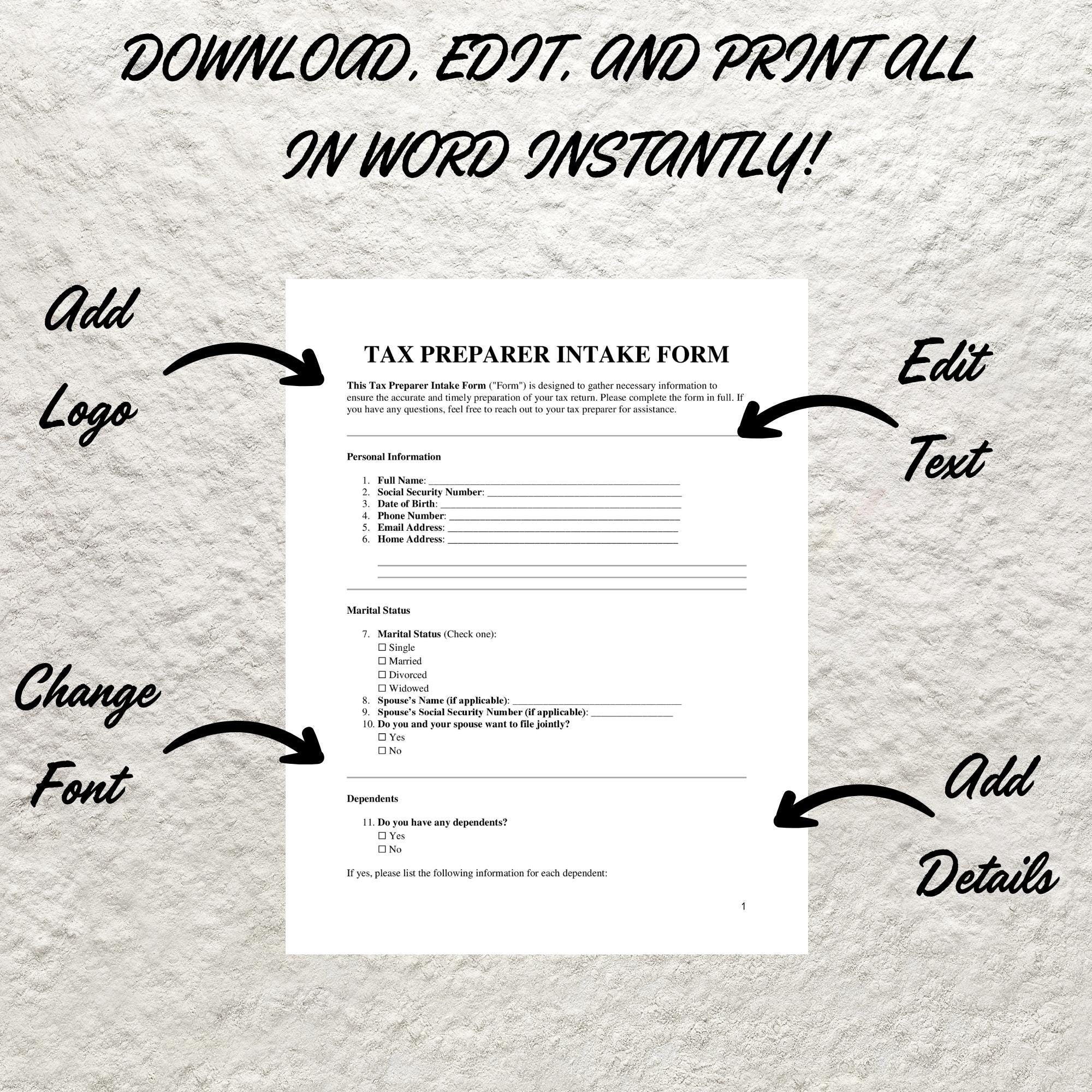 Tax Preparer Forms Bundle: Editable Client Intake Templates (PDF Kit ...
