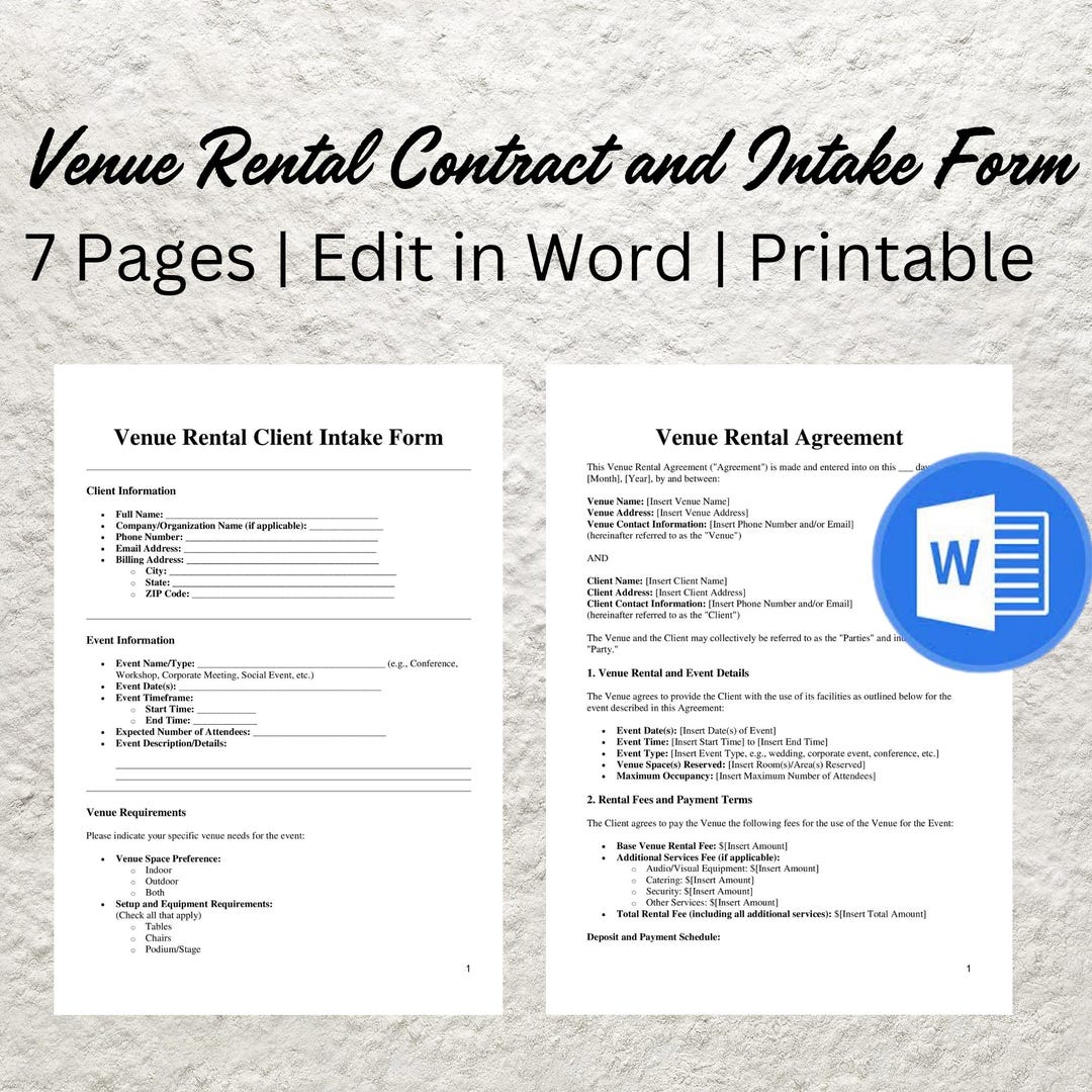 Editable Venue Rental Contract Template Bundle: Client Intake Forms ...