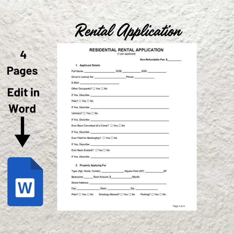 Editable Rental Property Application Form Landlord Rental Application ...