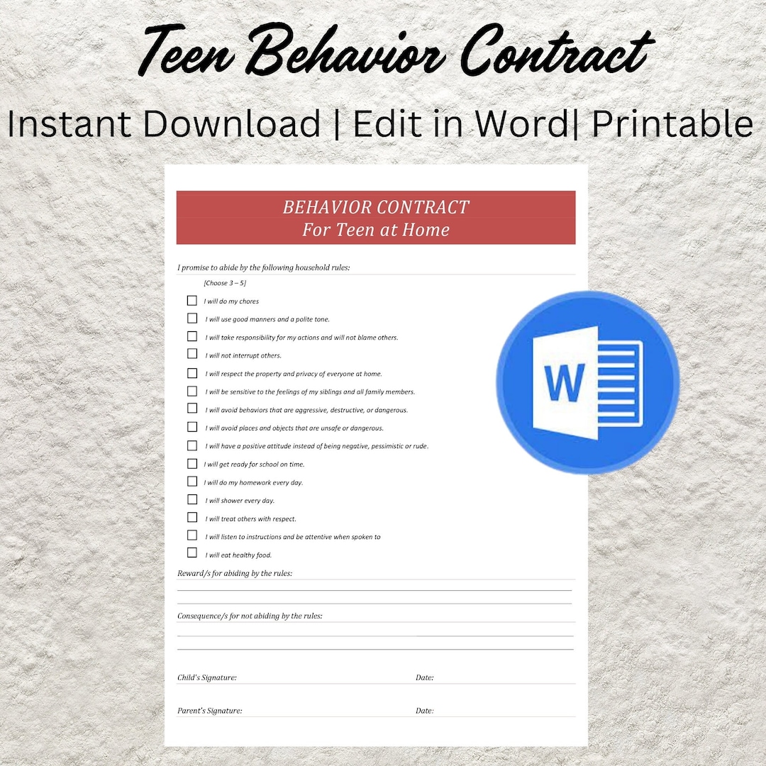 Teen Behavior Contract Template Printable Behavior Contract for ...