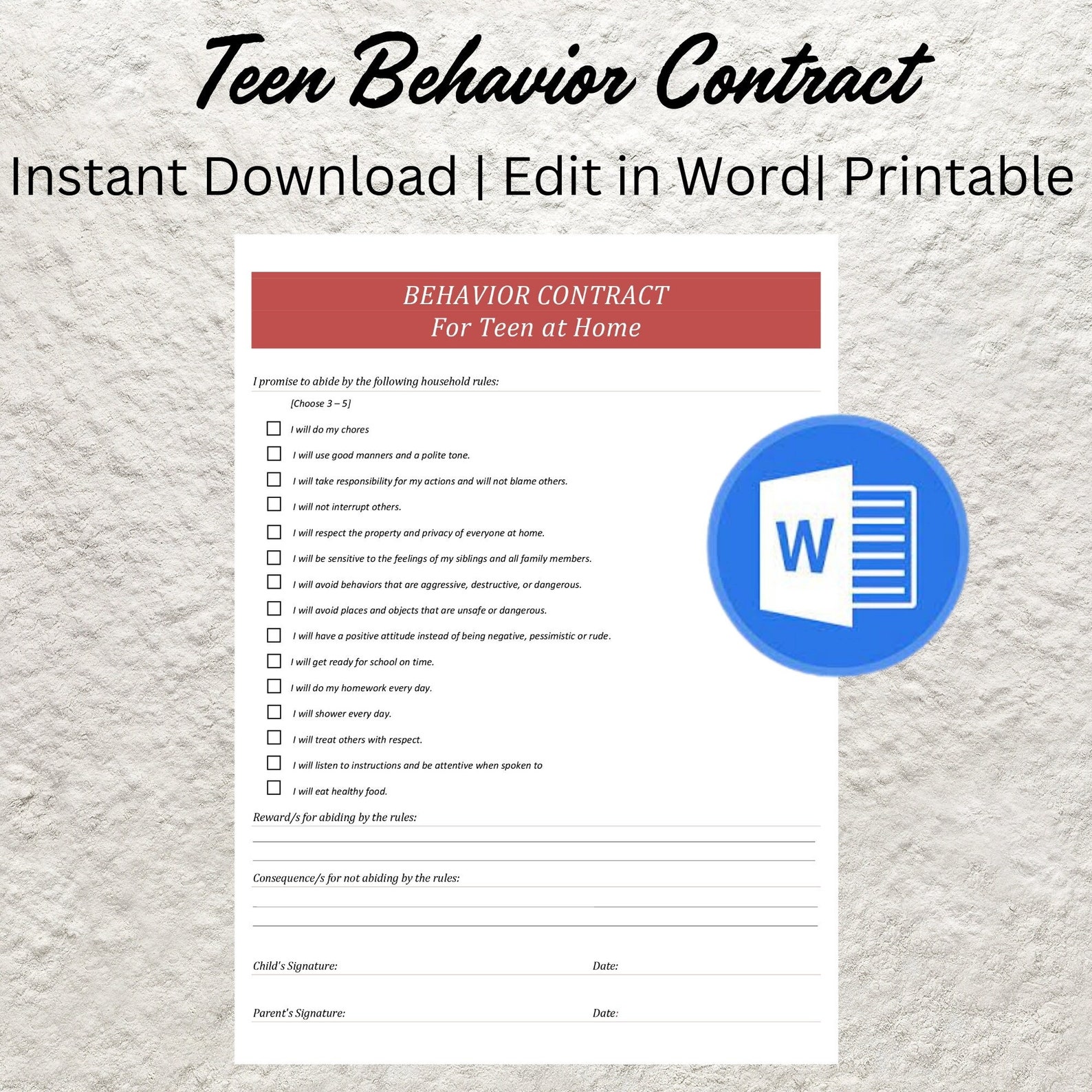 Teen Behavior Contract Template Printable Behavior Contract for ...