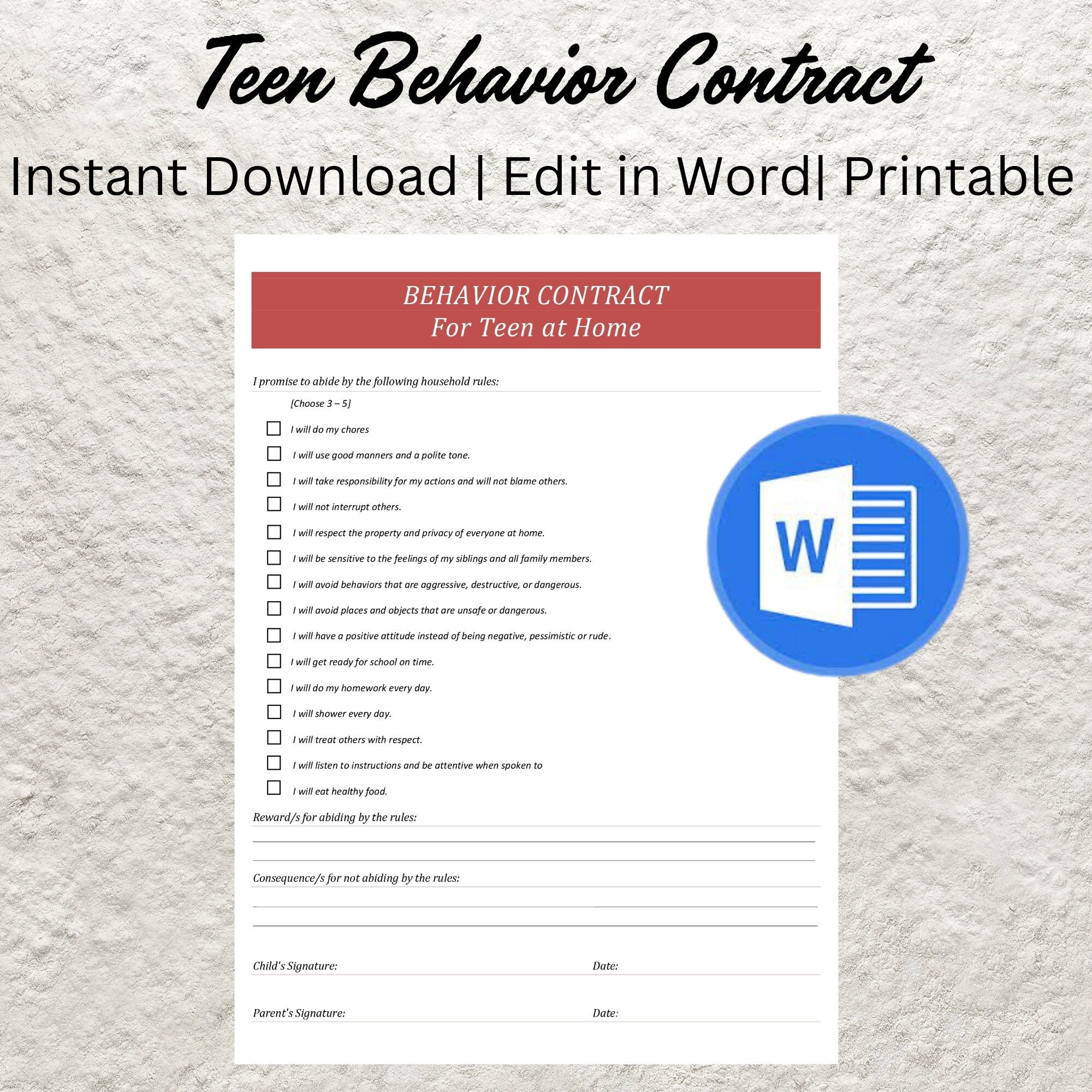 Teen Behavior Contract Template Printable Behavior Contract for ...