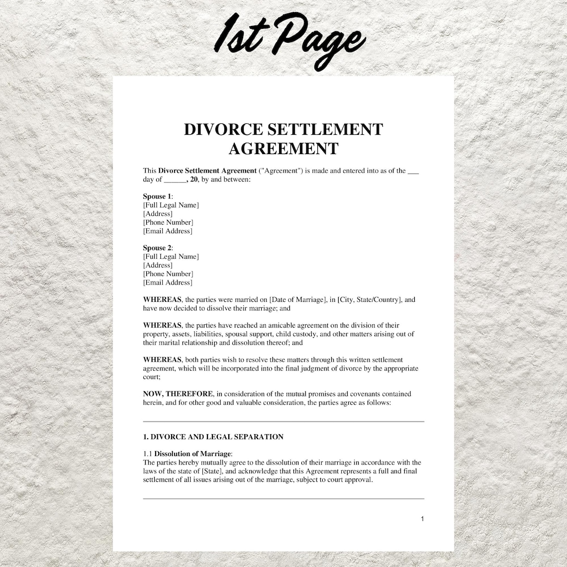 Editable Divorce Settlement Agreement Template (word Format) - Etsy