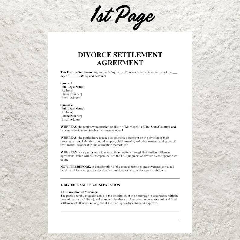 Divorce Settlement Agreement Template - Editable Marital Settlement ...