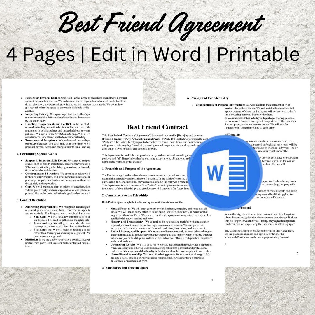 Best Friend Contract Template Editable Friendship Agreement Printable ...