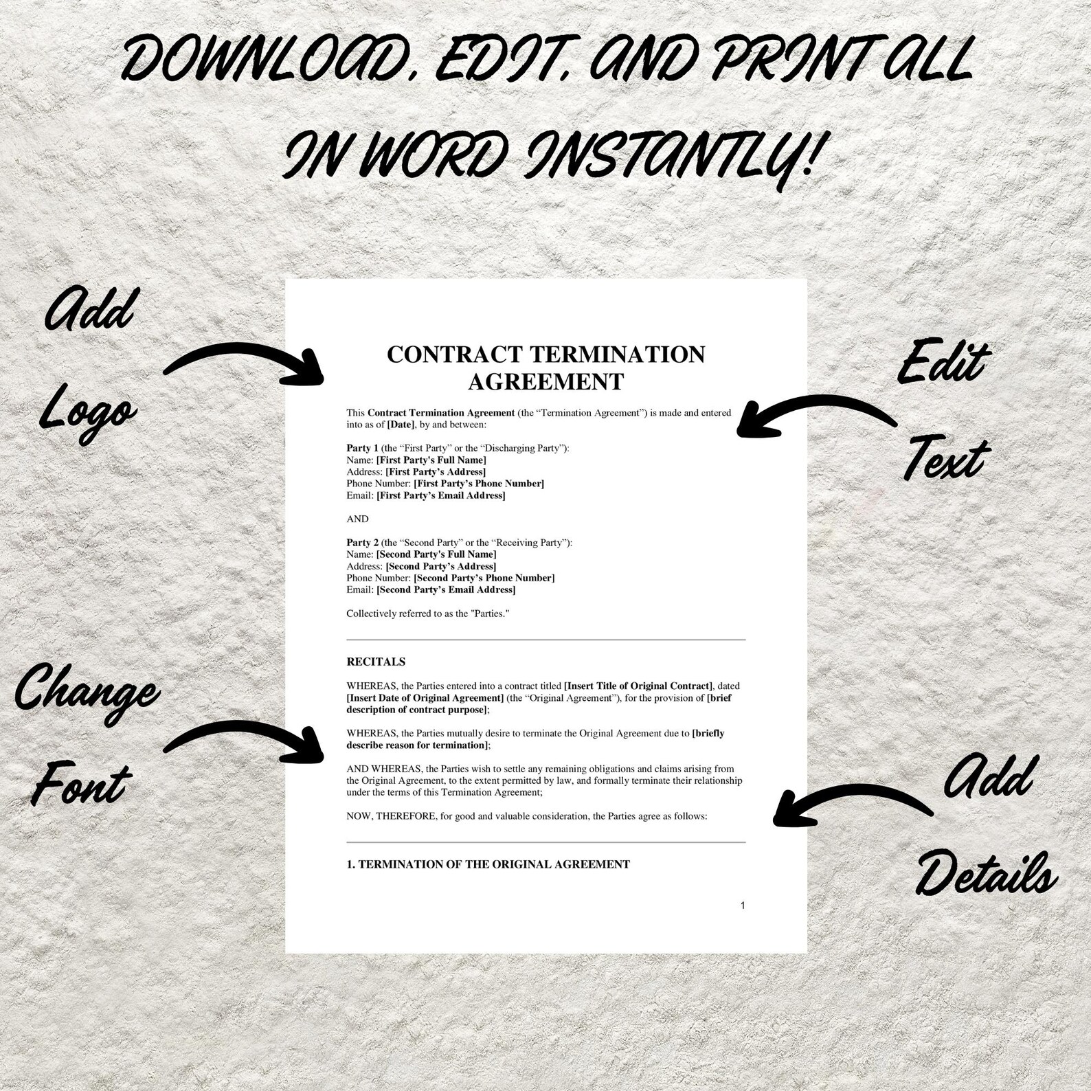 Contract Termination Agreement Template: Editable & Printable - Etsy