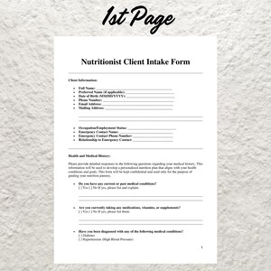 Nutritionist Client Intake Form: Editable Health Questionnaire (word ...