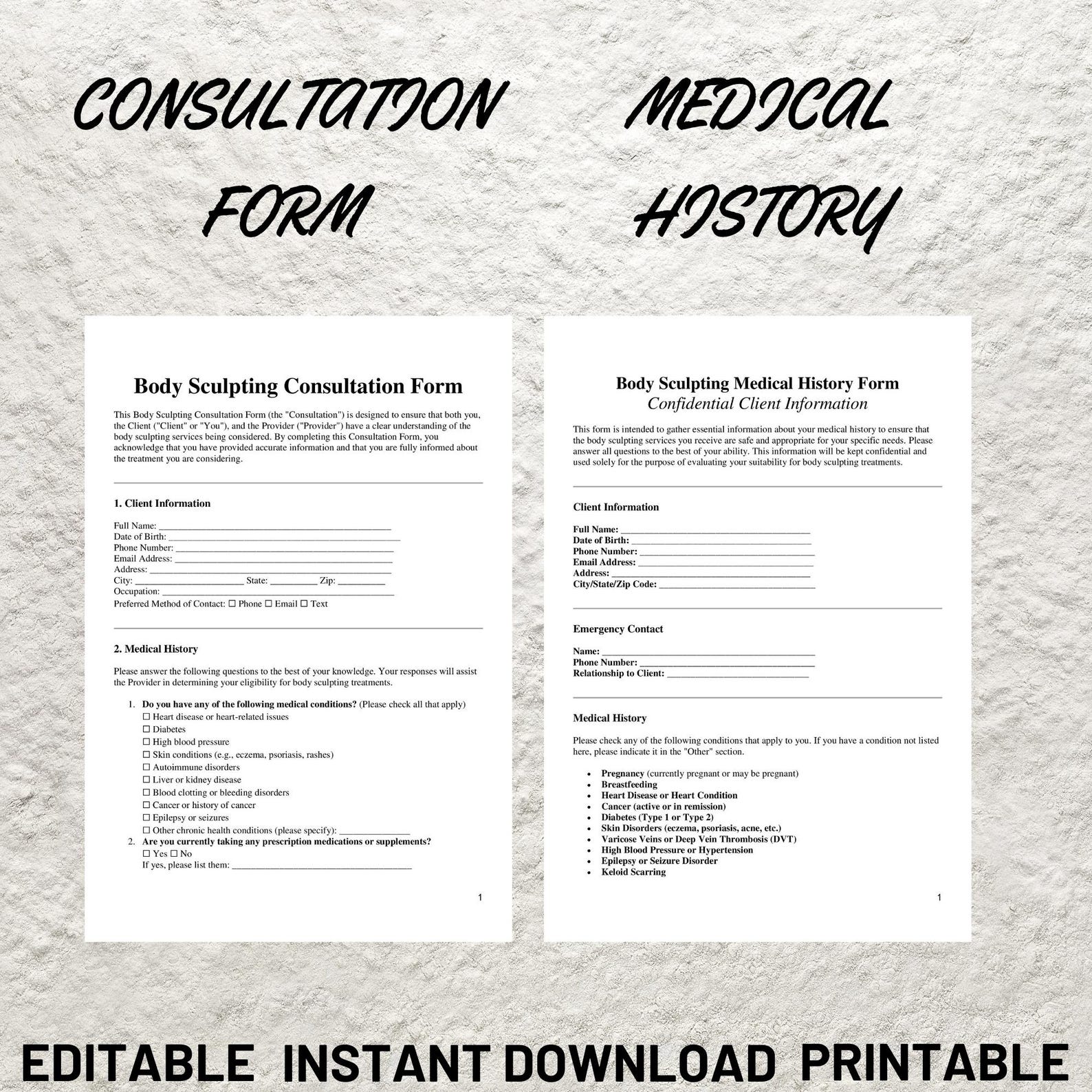 Body Sculpting Forms Template Bundle Editable Body Sculpting Intake ...