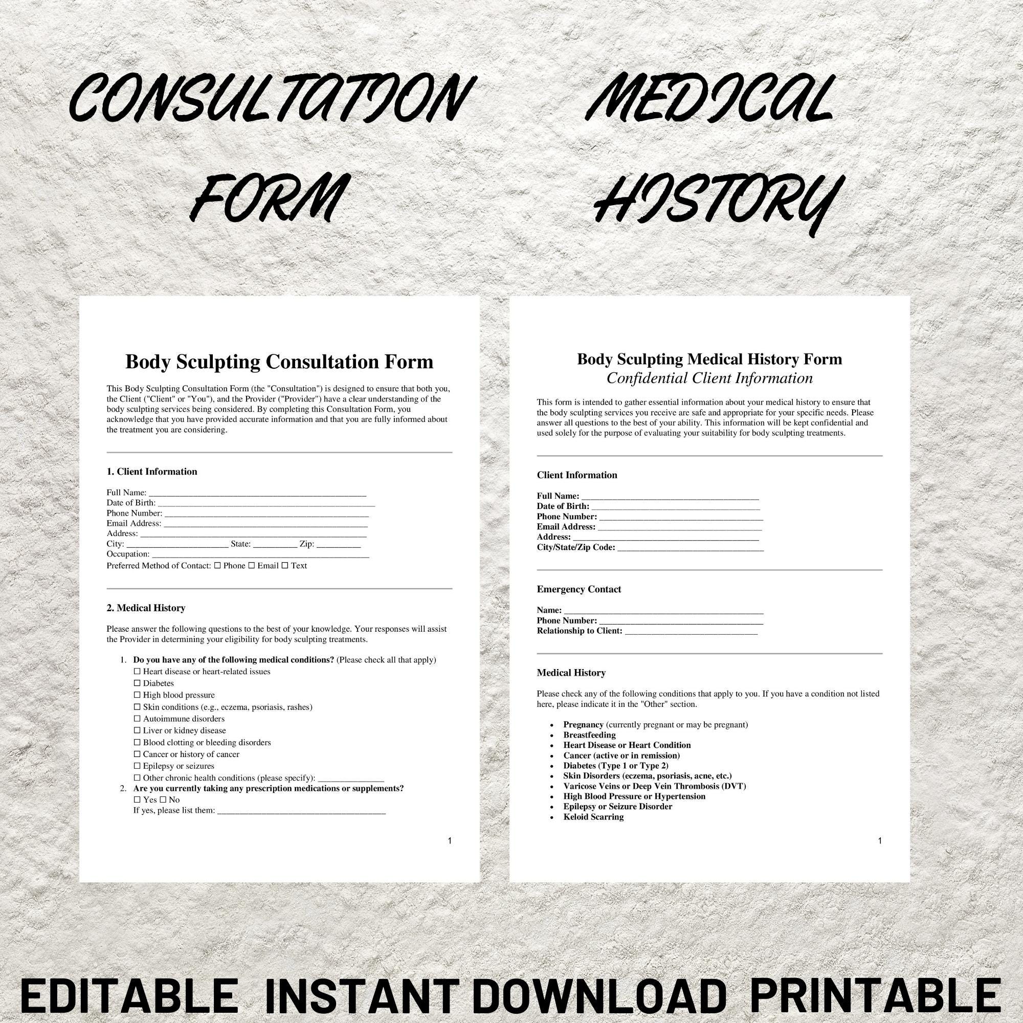 Body Sculpting Forms Template Bundle Editable Body Sculpting Intake ...