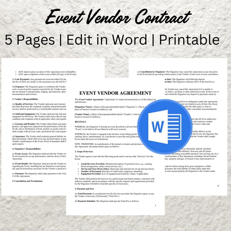 Event Vendor Contract Template Editable Event Vendor Agreement ...