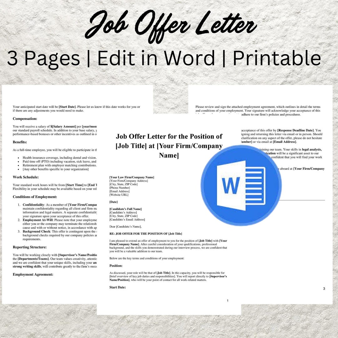 Editable Job Offer Letter Template: Printable Employment Form (word) - Etsy