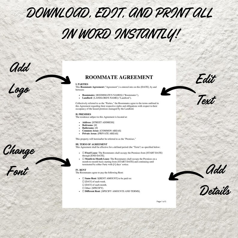 Roommate Agreement Template Editable Roommate Lease Agreement Printable ...