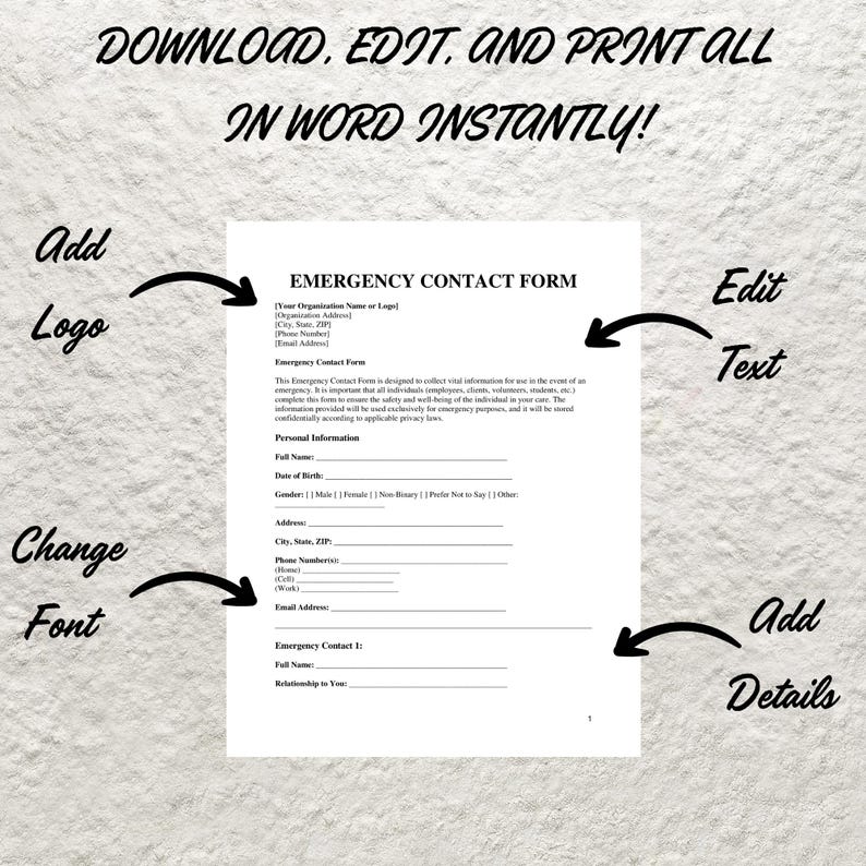 Editable Emergency Contact Form: Printable Information Sheet (word) - Etsy