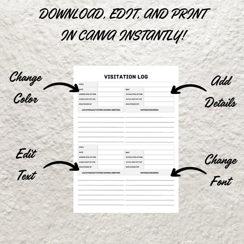 Visitation Log Template Printable Child Care Custody Log Child Visits ...